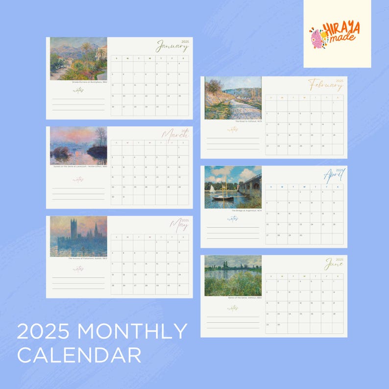 2025 Printable Calendar Claude Monet A4 Letter Size Monday & Sunday ...
