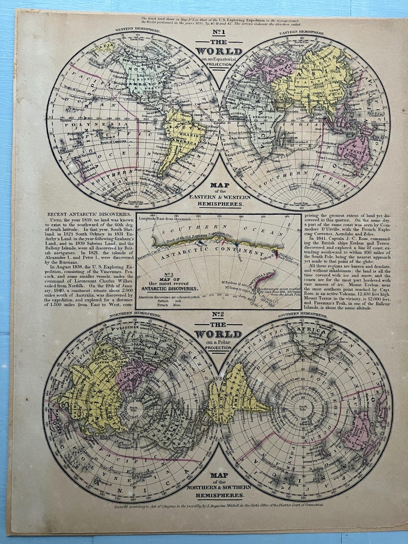 Antique World Hemisphere Map - Etsy