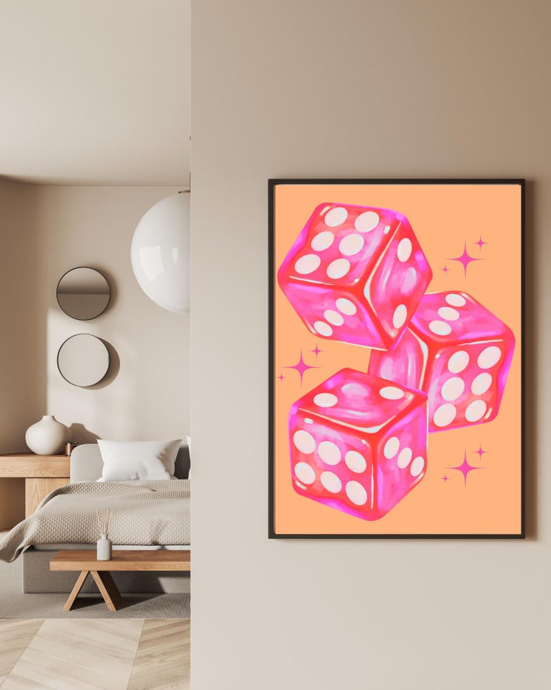 Lucky Dice Wall Art Print, Dice Poster Prints, Pink Orange Retro Wall ...
