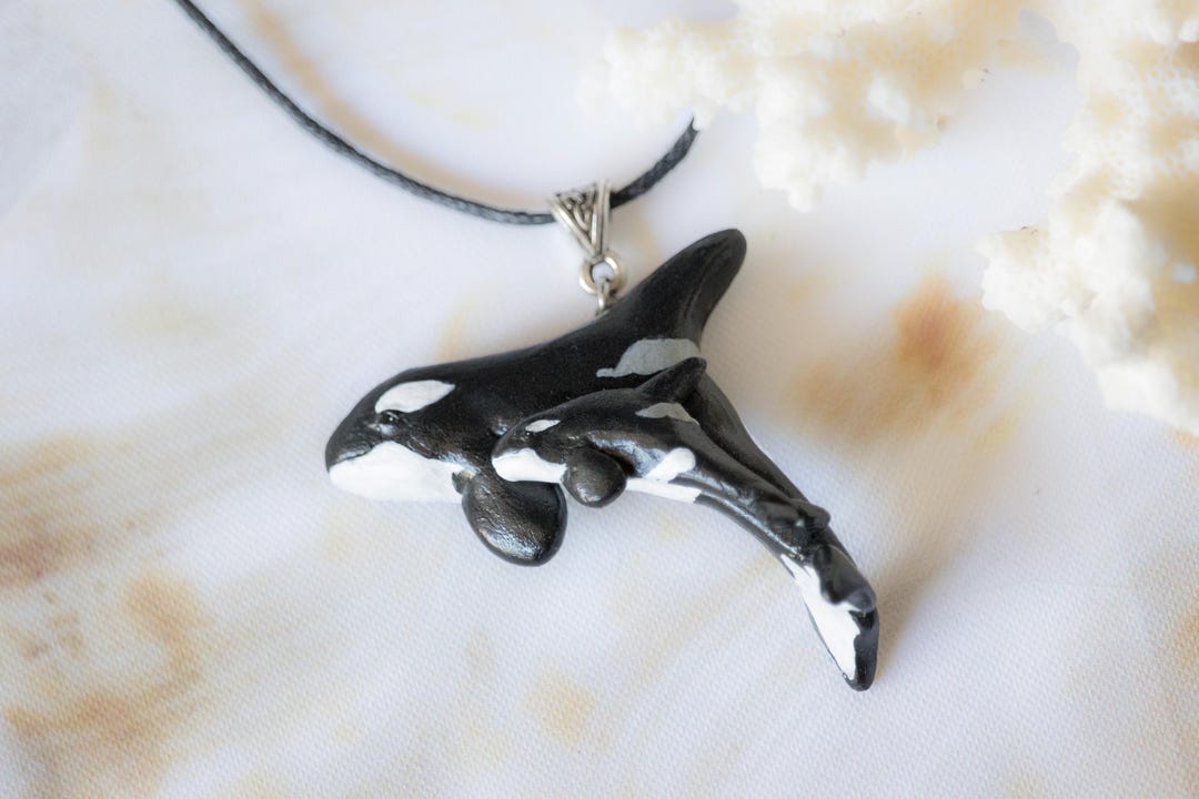 Orca and Calf Pendant Polymer Clay Necklace, Killer Whale Sea Life ...