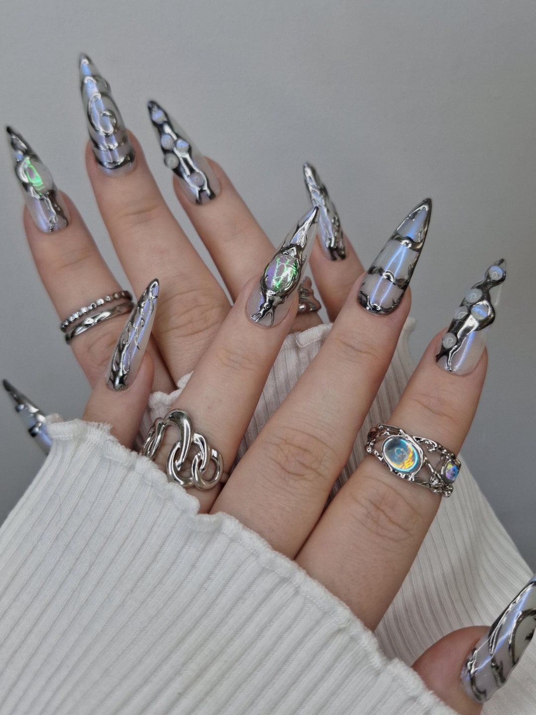 Silver Chrome 3d Alien Cybercore Y2k 3d Design Gel Press Ons Nails ...