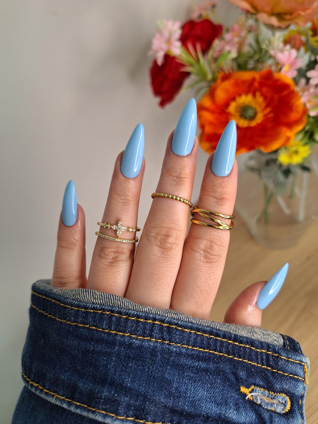 Blue Solid Color Gel Press Ons Nails - Custom & Handmade - Extra Short ...