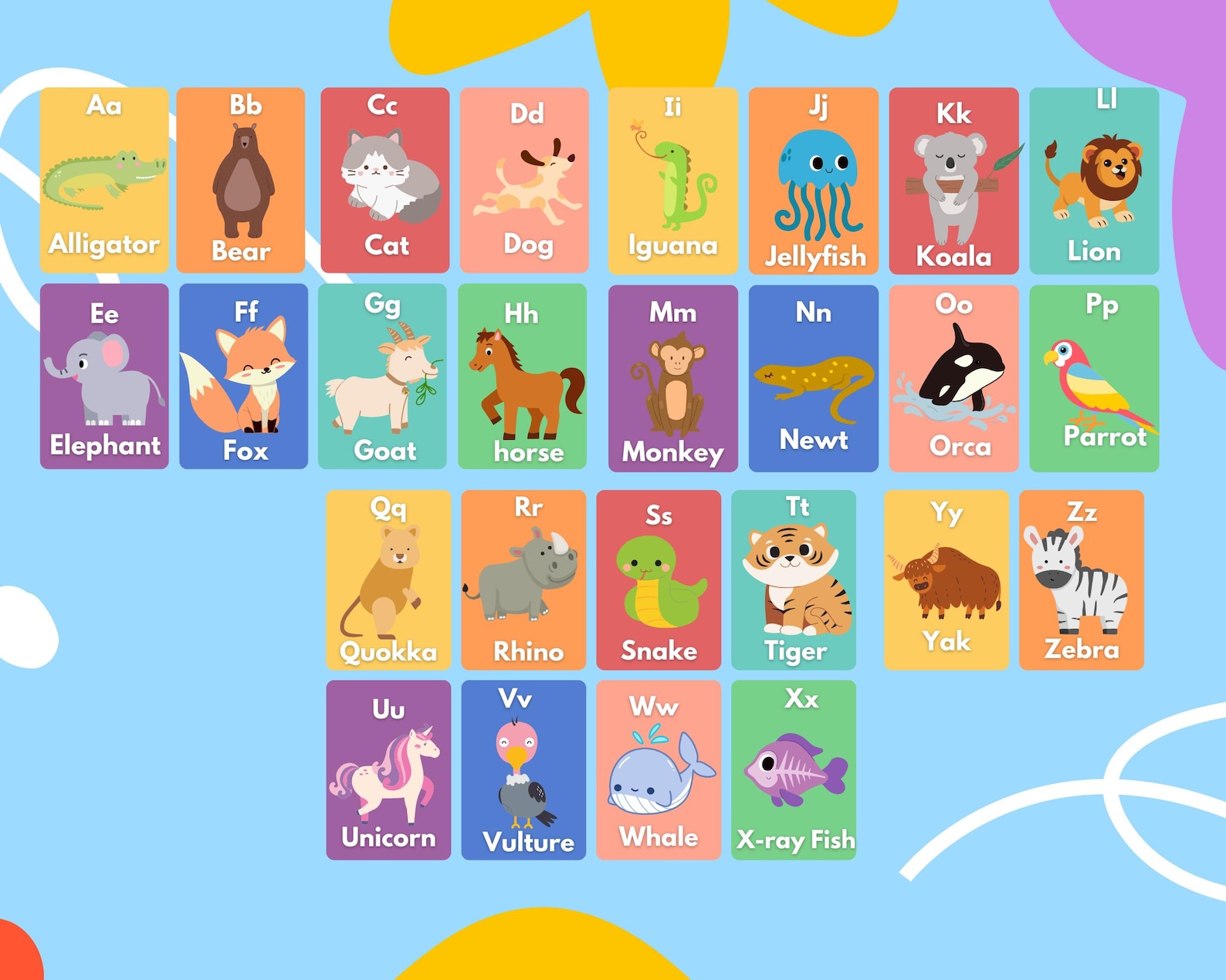 26 English Animal Alphabet Printable Flashcards, English Children's ...