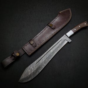 Handmade Damascus Steel Machete: 18'' Hunting Blade With Leather Sheath ...