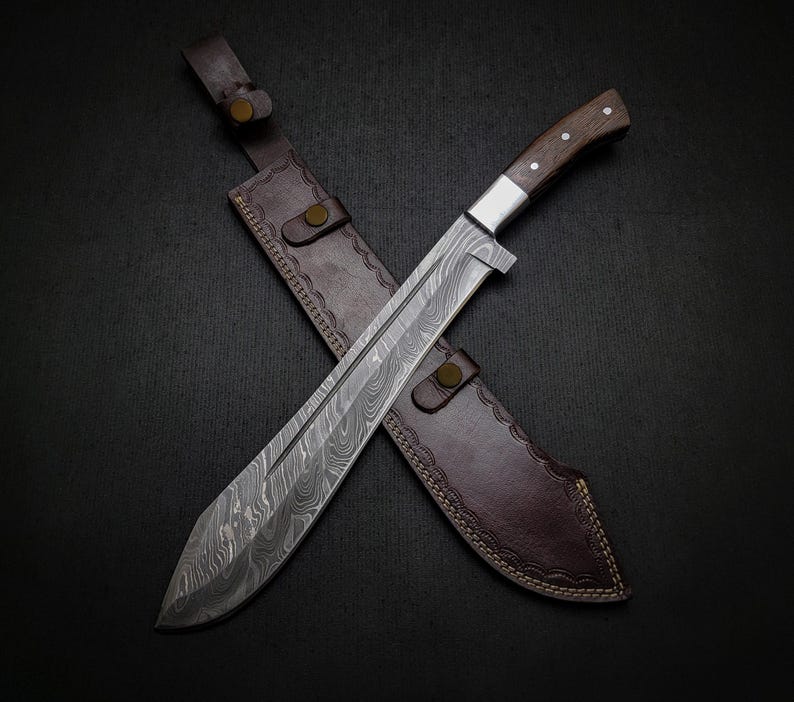Handmade Damascus Steel Machete: 18'' Hunting Blade With Leather Sheath ...
