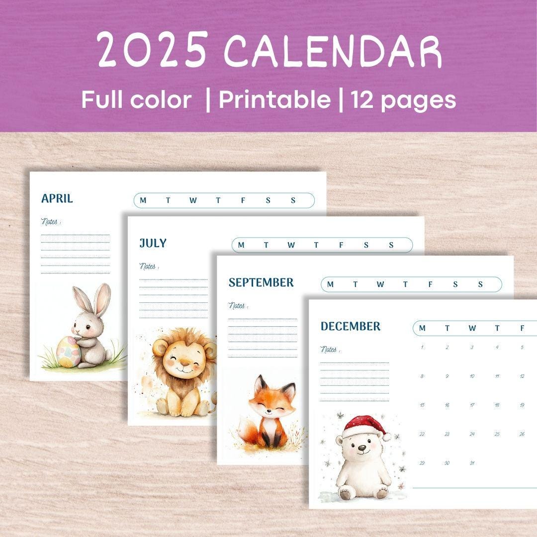 Printable Calendar 2025 for Children, 12 Pages, Color - Etsy