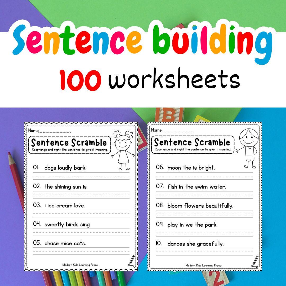 100 Sentence Building Worksheet for Kindergarten, Printable for Kids ...
