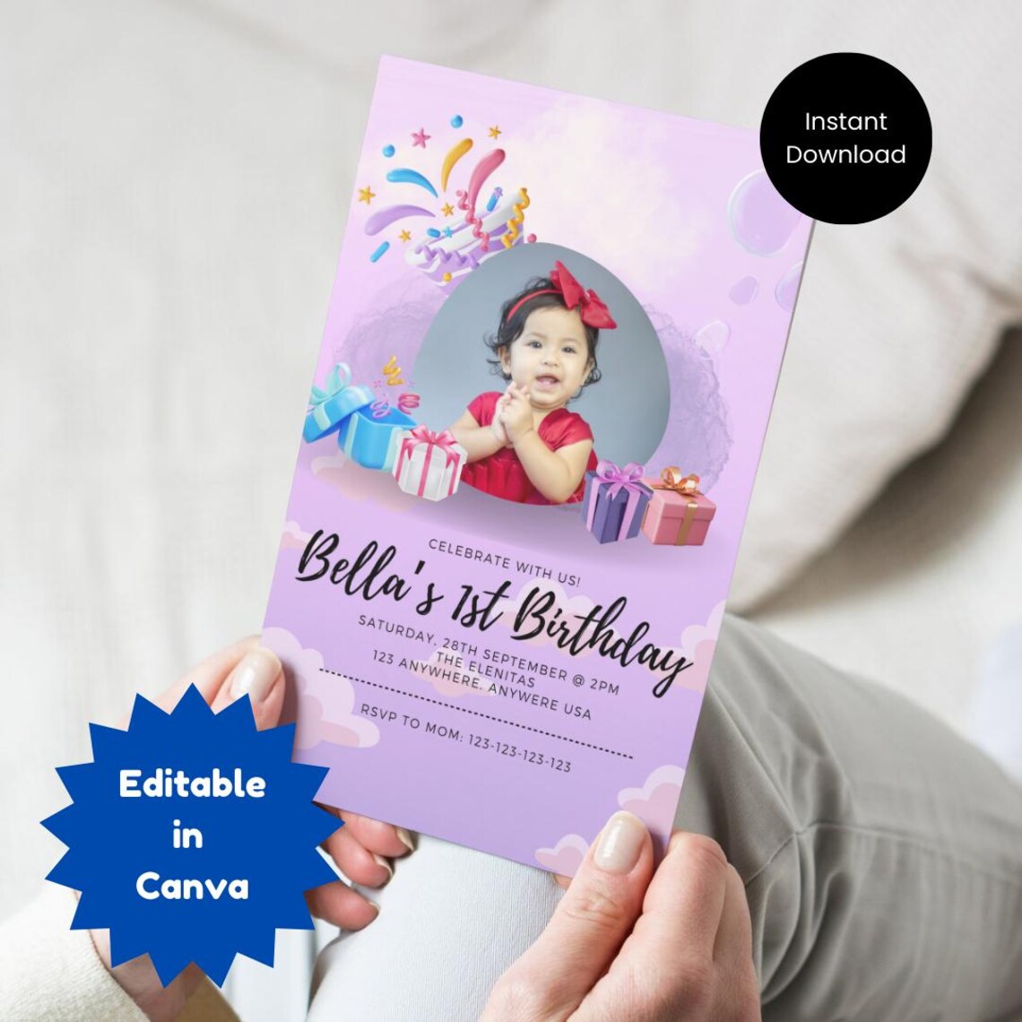 Editable | Cute Purple Birthday Invitation Template | Canva Template - Etsy