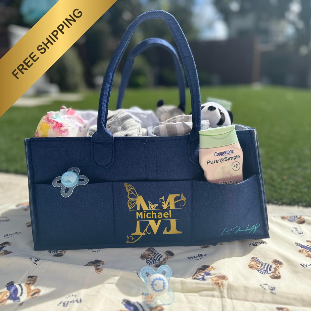 Personalized Baby Diaper Caddy Organizer | Navy Felt Tote With ...