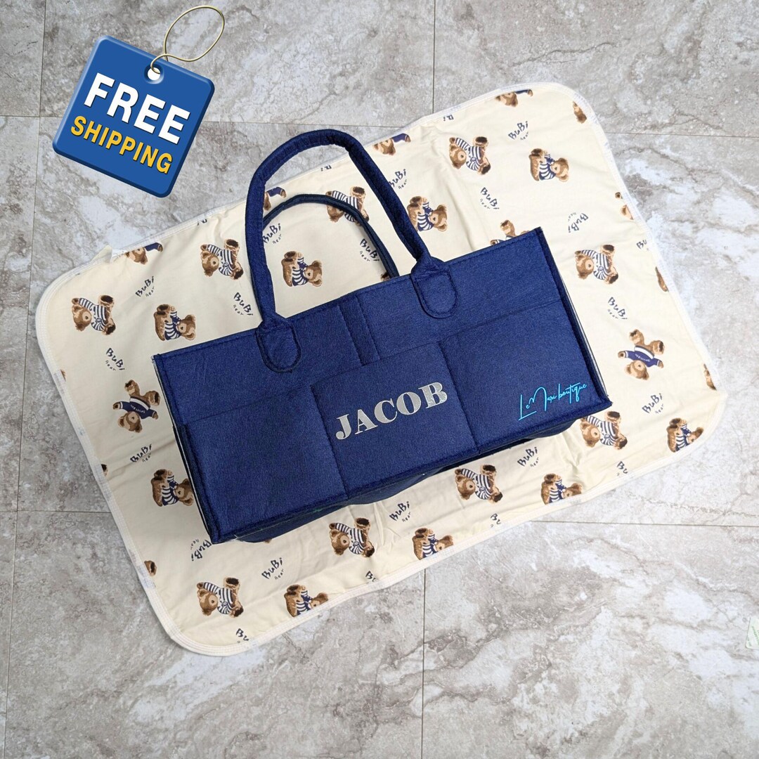 Personalized Baby Diaper Caddy Organizer | Navy Felt Tote With ...