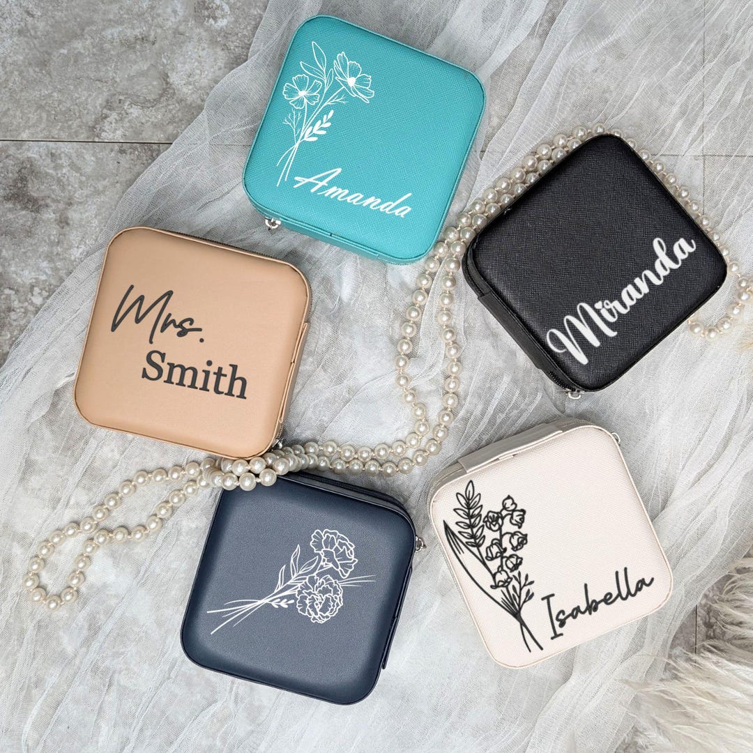 Custom Jewelry Case | Engraved Birth Flower Travel Organizer | Leather ...