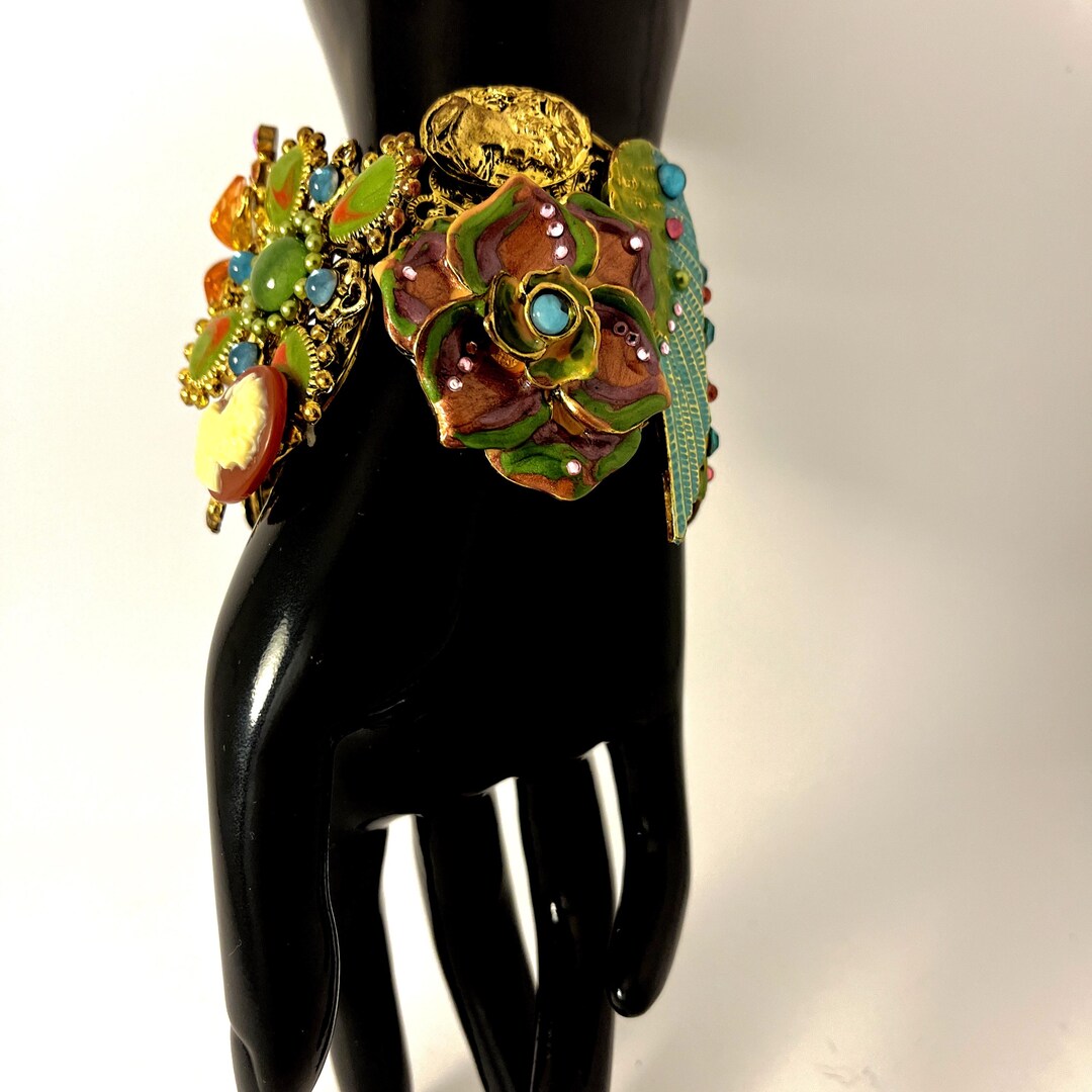 Vintage Treska Jewelry | Treska Rhinestone and Cameo Cuff Bracelet - Etsy