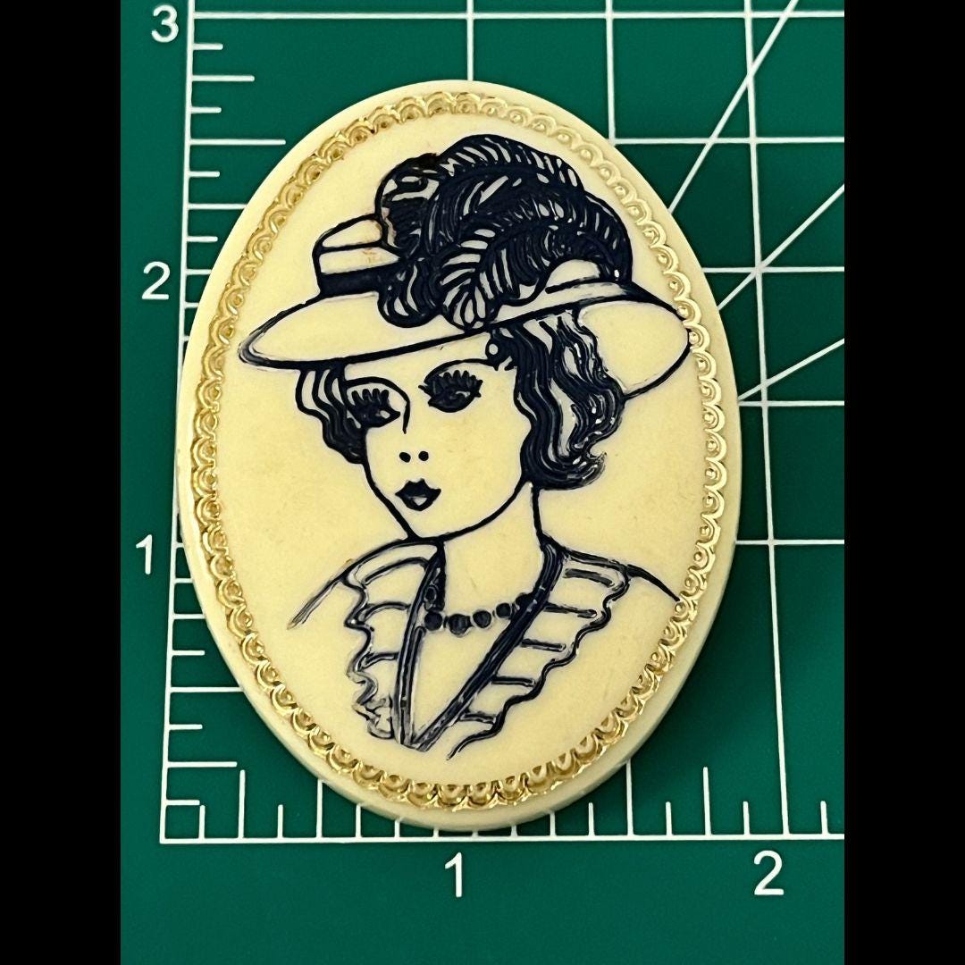 Vintage White Resin Brooch Pin With Lady in Hat Gold Outline Pin Brooch ...