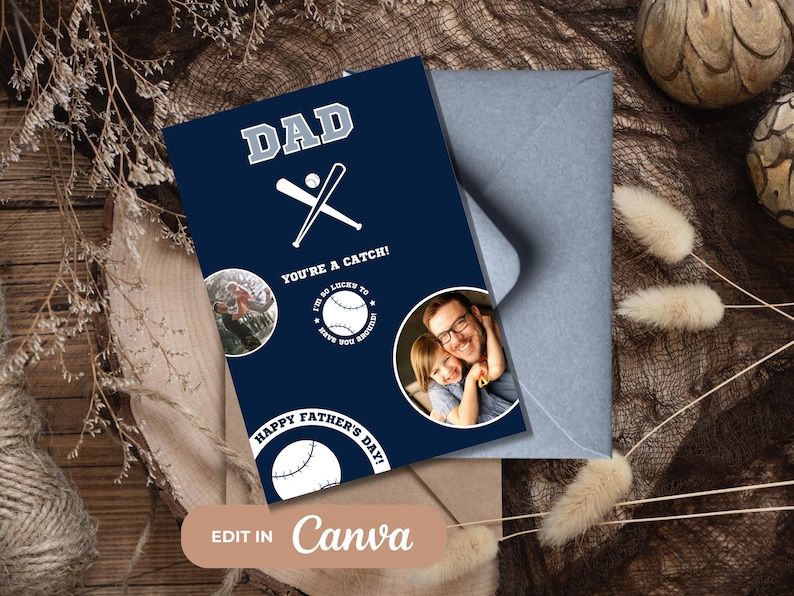 Father's Day Photo Card Template, Baseball Theme, Editable Canva Design ...