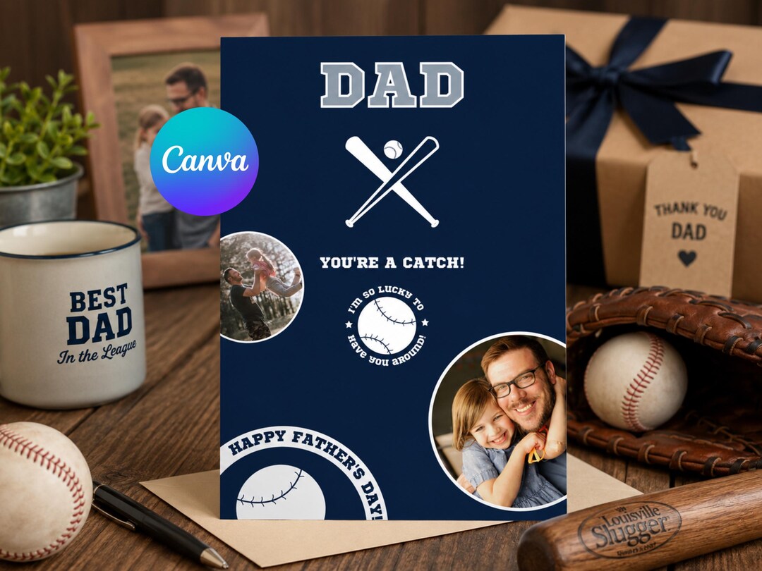 Father's Day Photo Card Template, Baseball Theme, Editable Canva Design ...