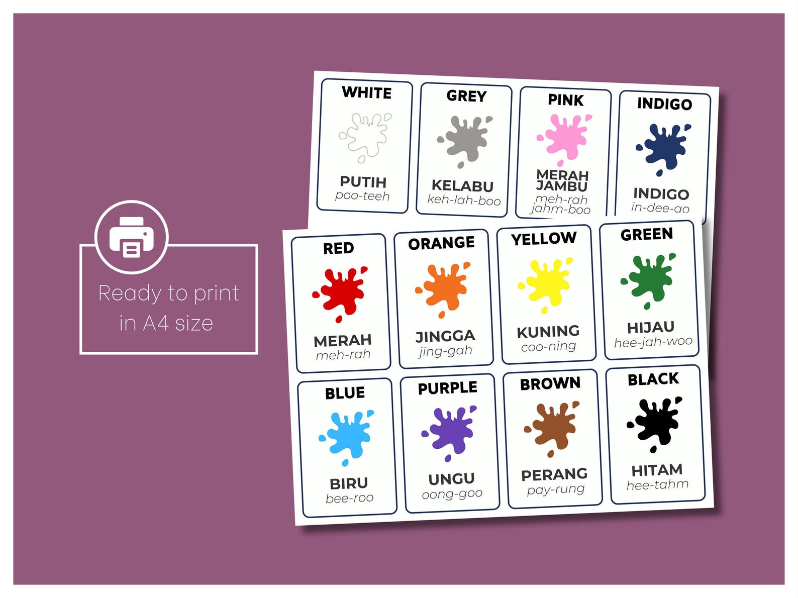 Malay Color Flashcards for Kids | Learn Colors in Malay | A4 Printable ...