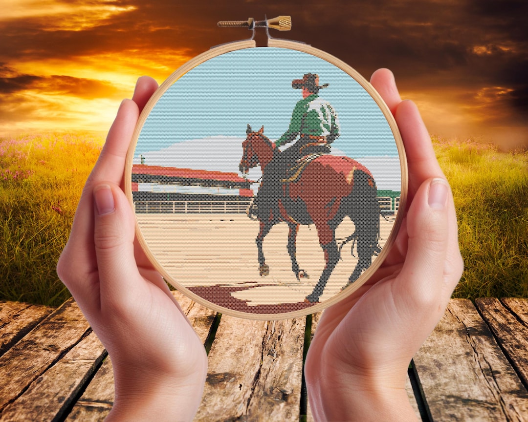 Cowboy on Horseback in the Rodeo Arena, Cross Stitch Pattern, X-cross ...