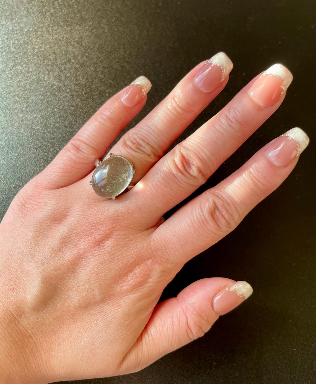 Green Phantom Quartz Ring – Adjustable Big Oval Crystal Ring – Silver ...