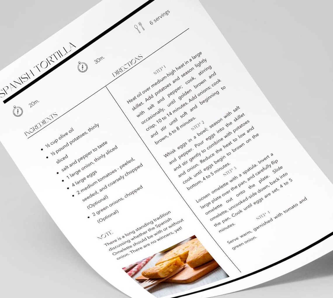 Editable Spanish Tortilla Recipe Card Template Print at Home, Edit in ...