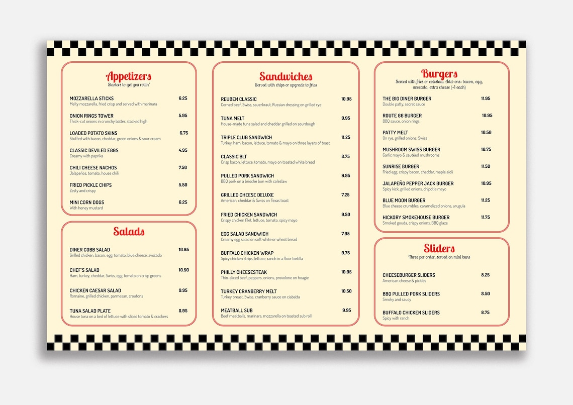 Retro Diner Menu Template Trifold 17x11 – Printable Restaurant Menu ...