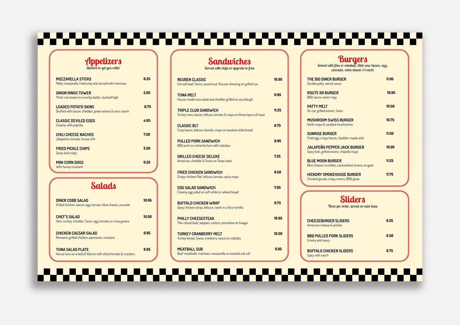 Retro Diner Menu Template Trifold 17x11 – Printable Restaurant Menu ...