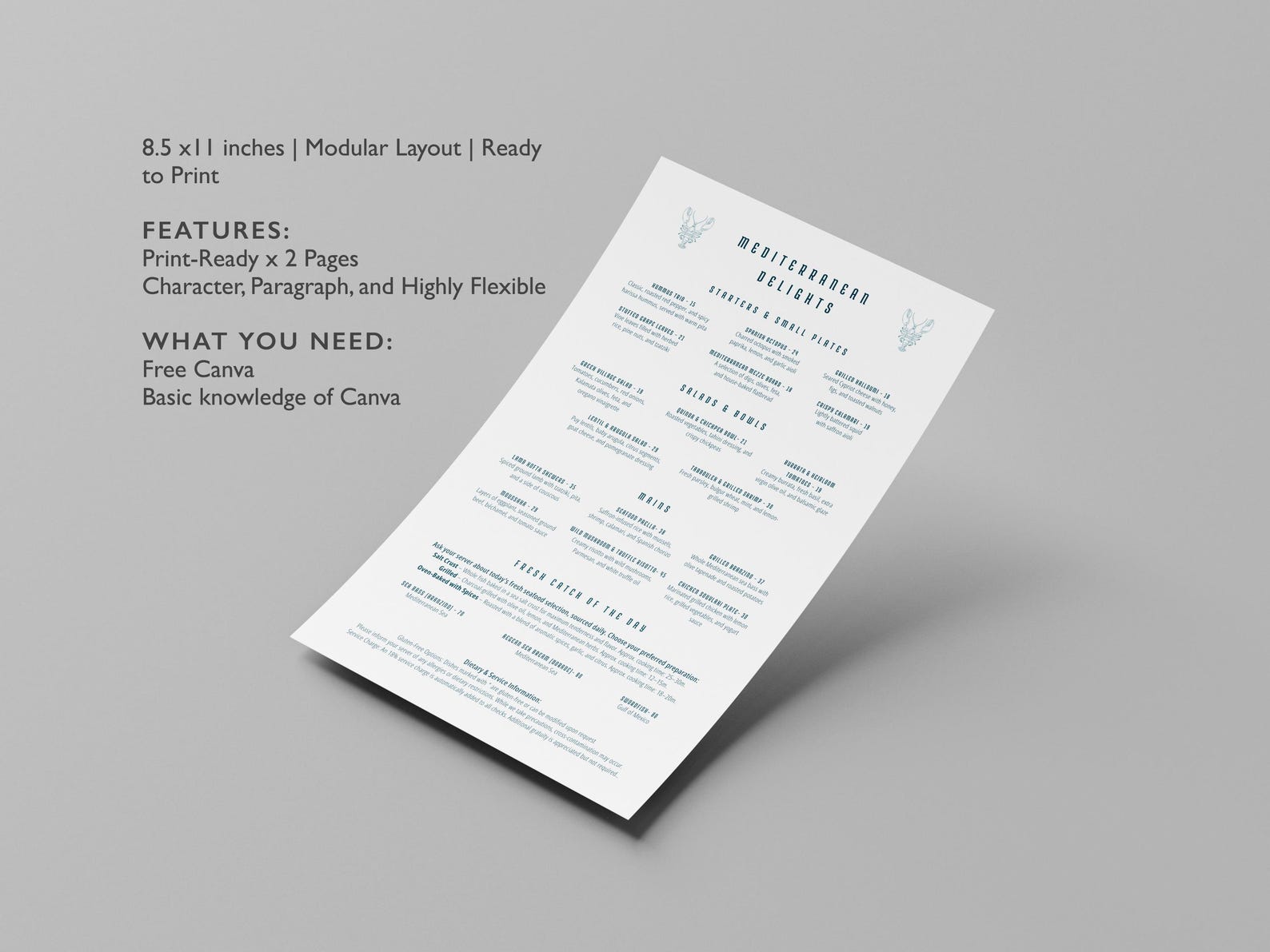 Editable Mediterranean Restaurant Menu Template – Minimalist, Double ...