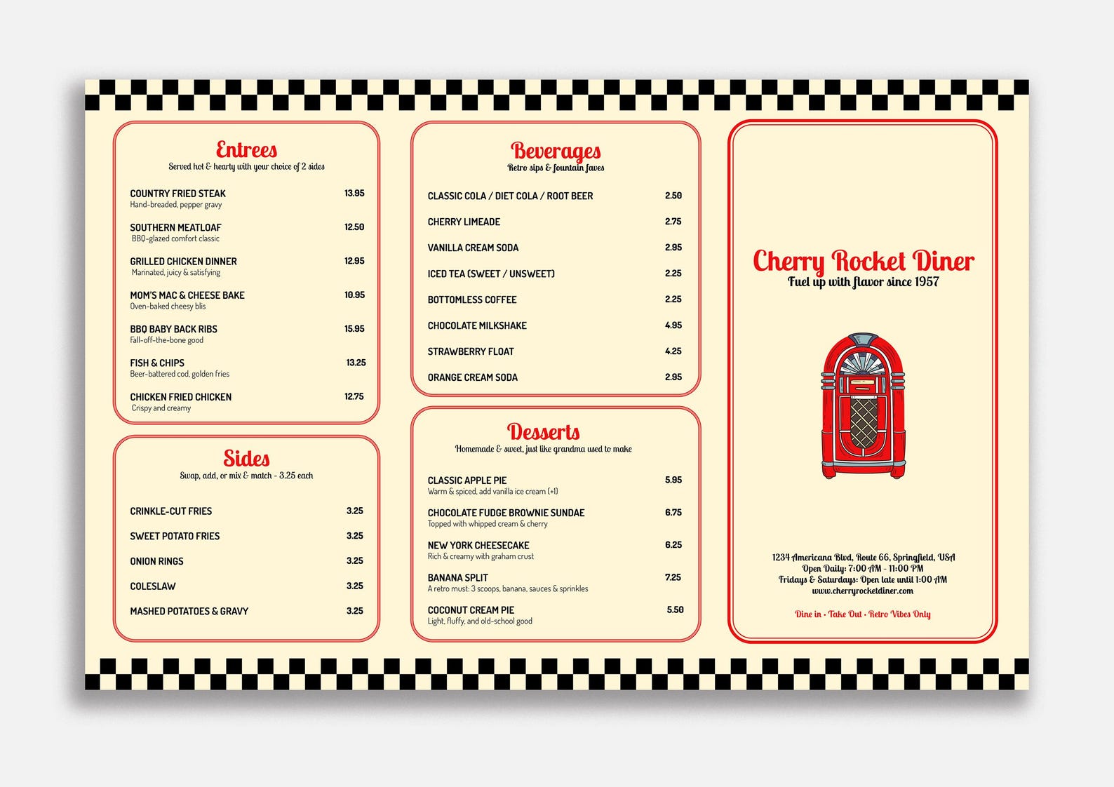 Retro Diner Menu Template Trifold 17x11 – Printable Restaurant Menu ...