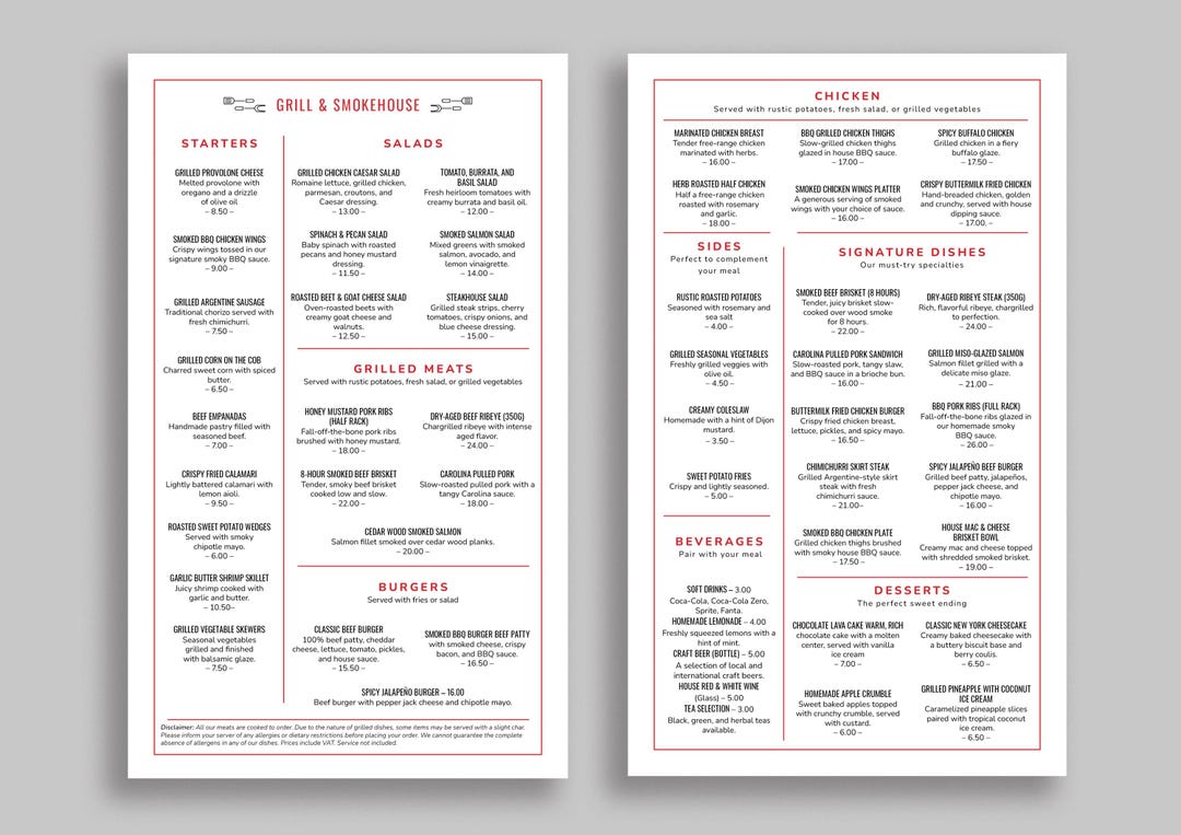 Editable Grill Menu Template – Smokehouse Restaurant Menu, Indesign ...