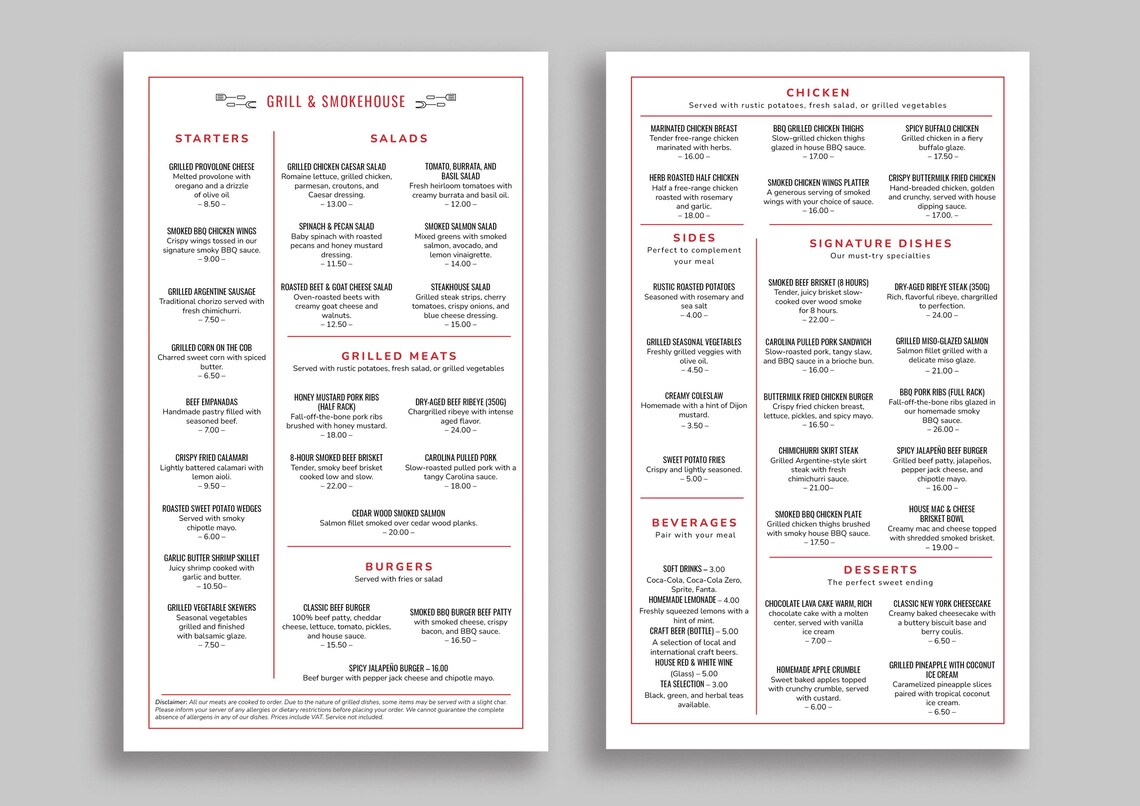 Editable Grill Menu Template – Smokehouse Restaurant Menu, Indesign ...