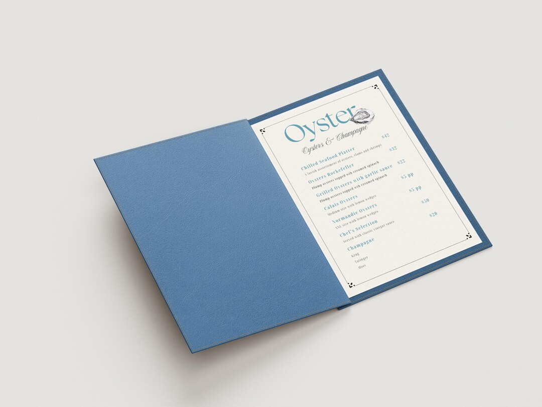 Chic Editable Oyster Bar Menu Leaflet Printable Champagne List for Bars ...