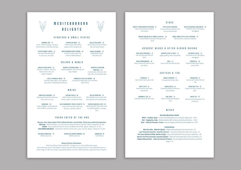Editable Mediterranean Restaurant Menu Template – Minimalist, Double ...