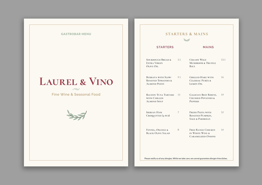 Gastrobar Menu Template Indesign Editable | Wine Bar Bistro A4 Bifold ...
