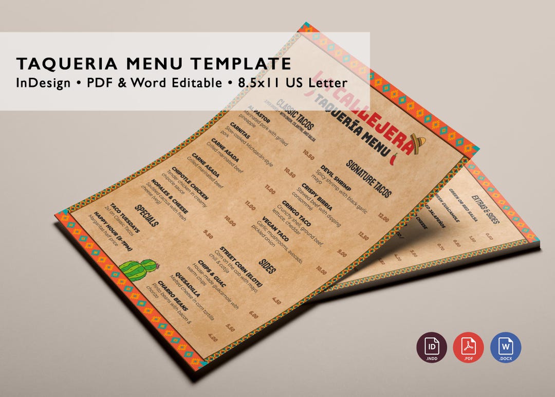 Aztec Taqueria Menu Template – Editable Indesign, PDF & Word - Etsy