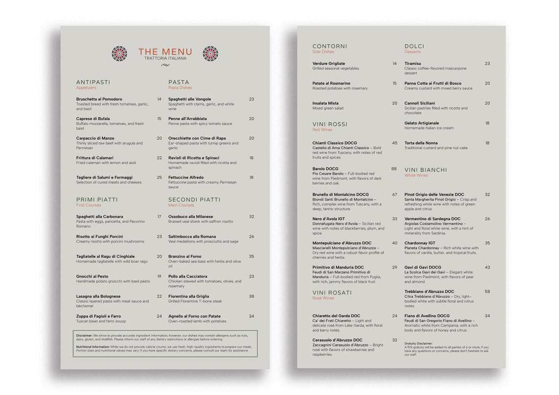 Italian Trattoria Menu Template – Classic Restaurant Menu, Indesign ...