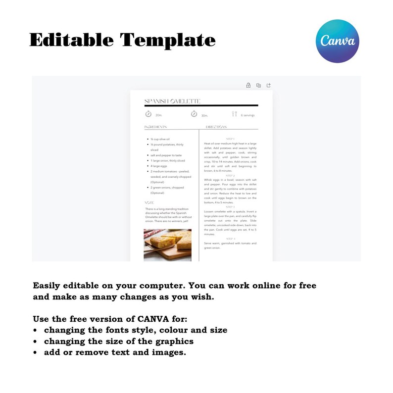 Editable Spanish Tortilla Recipe Card Template Print at Home, Edit in ...