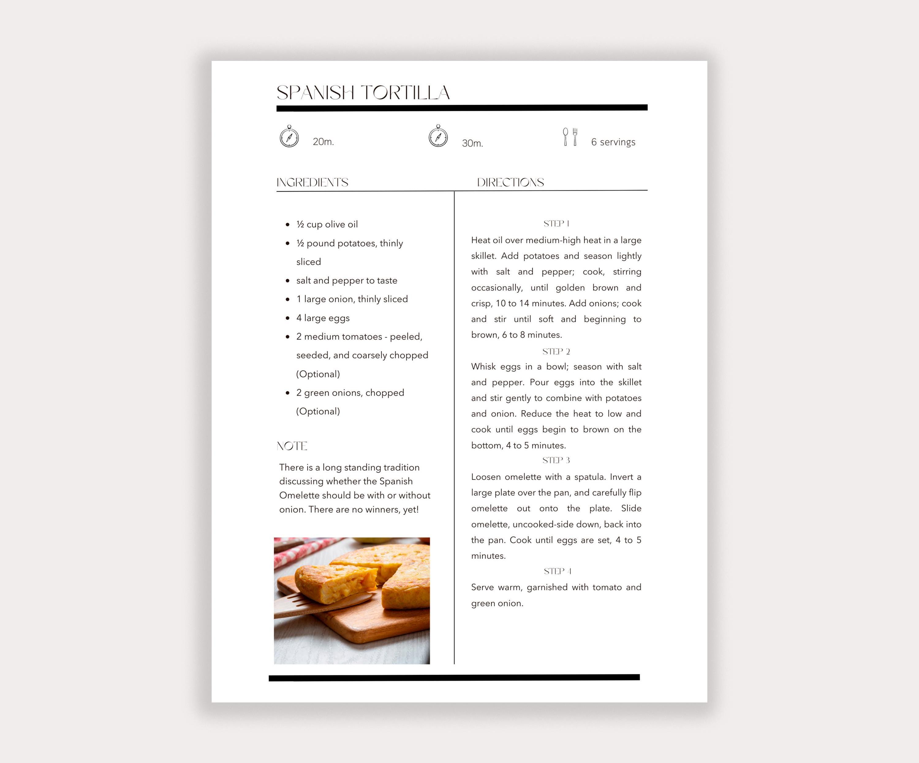 Editable Spanish Tortilla Recipe Card Template Print at Home, Edit in ...