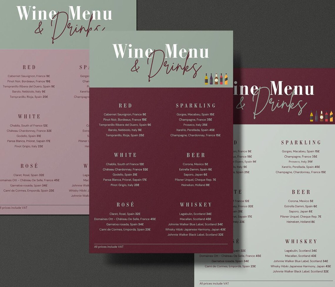 Custom Wine Menu Templates for Bars and Restaurants - Printable ...