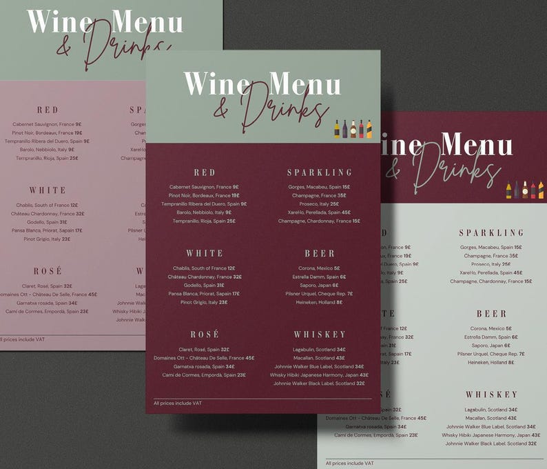 Custom Wine Menu Templates for Bars and Restaurants - Printable ...