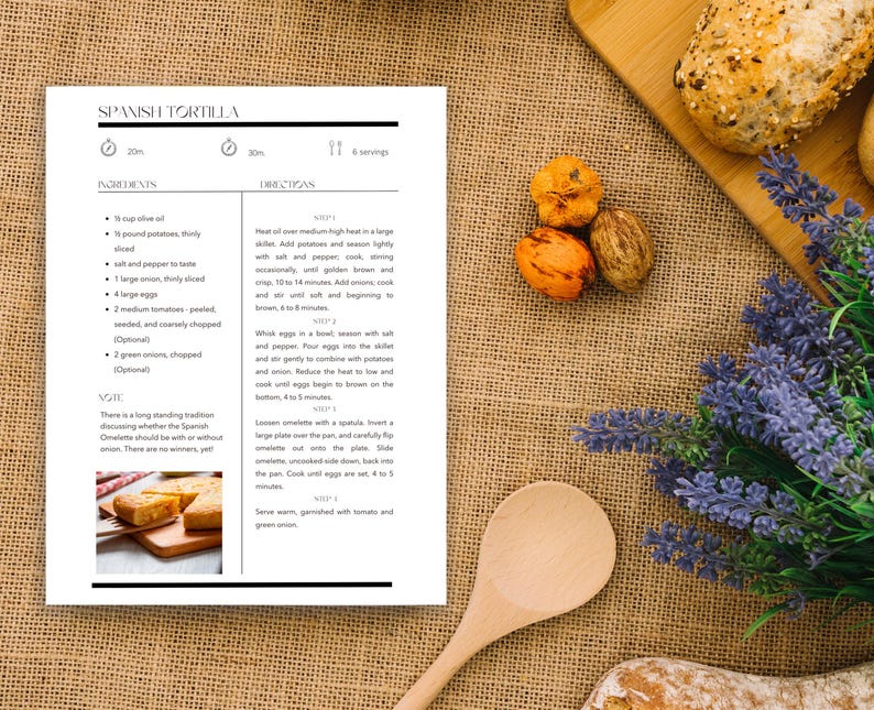 Editable Spanish Tortilla Recipe Card Template Print at Home, Edit in ...