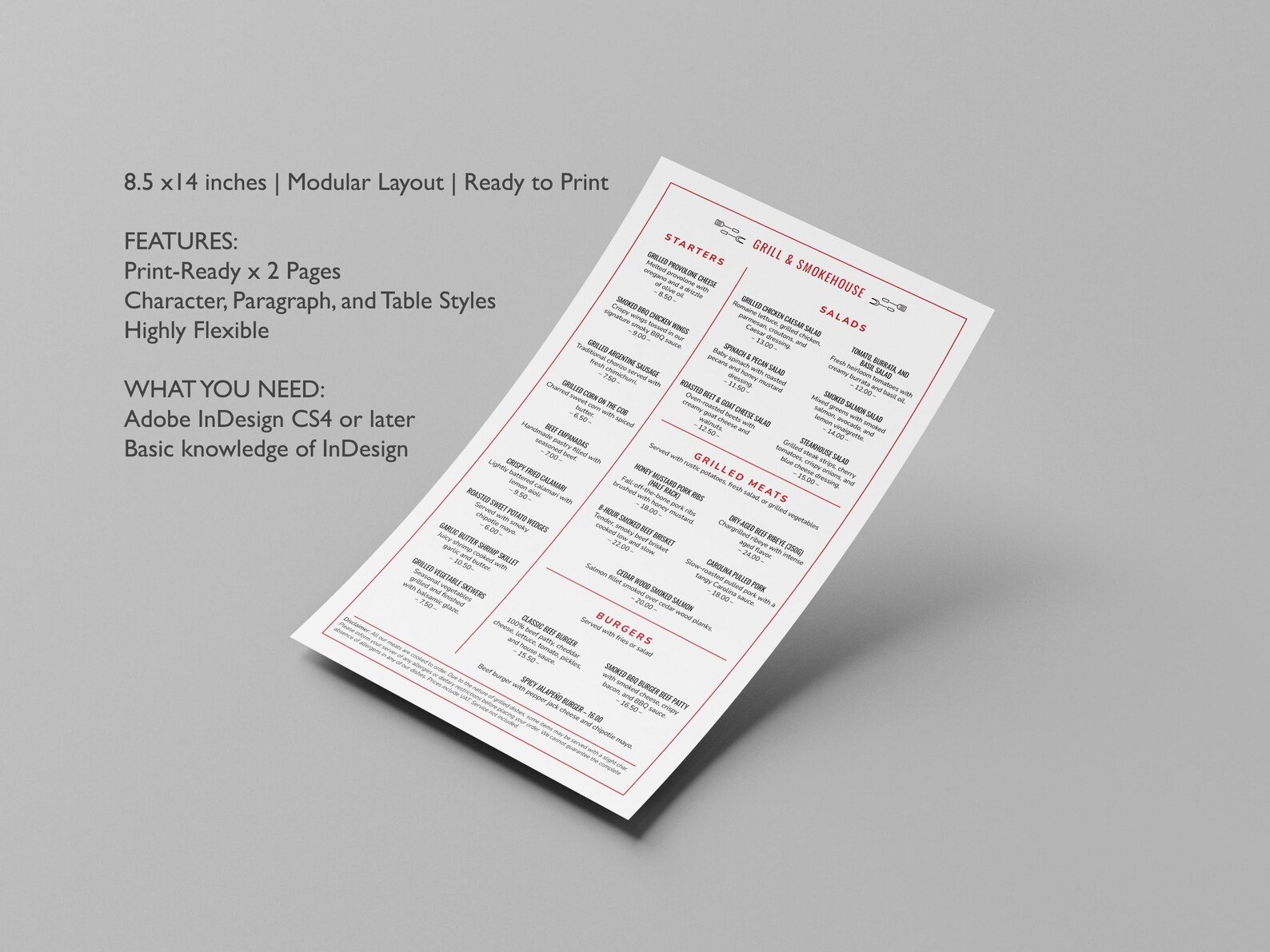 Editable Grill Menu Template – Smokehouse Restaurant Menu, Indesign ...