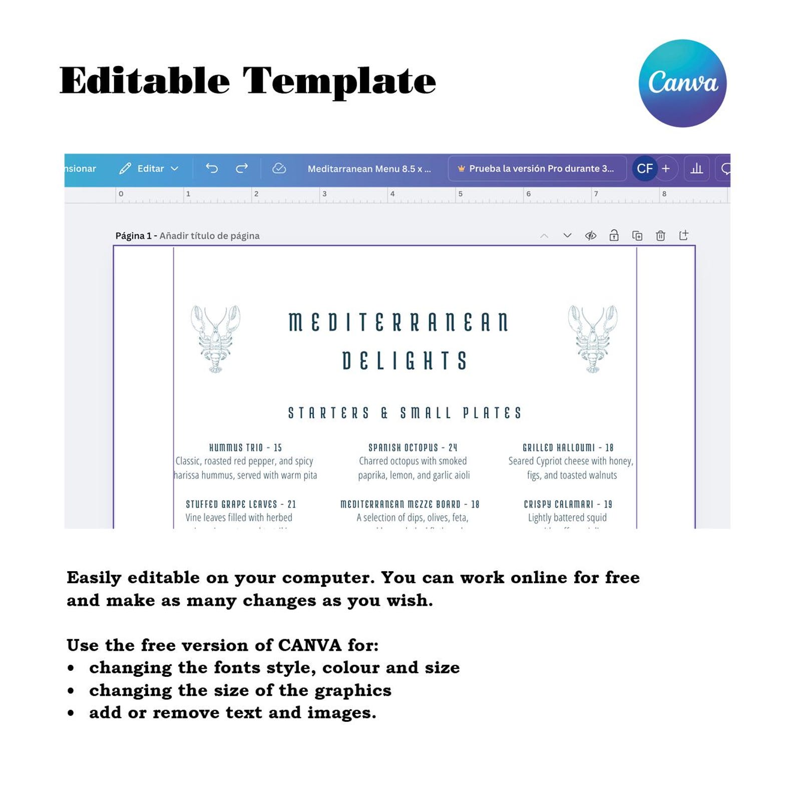 Editable Mediterranean Restaurant Menu Template – Minimalist, Double ...