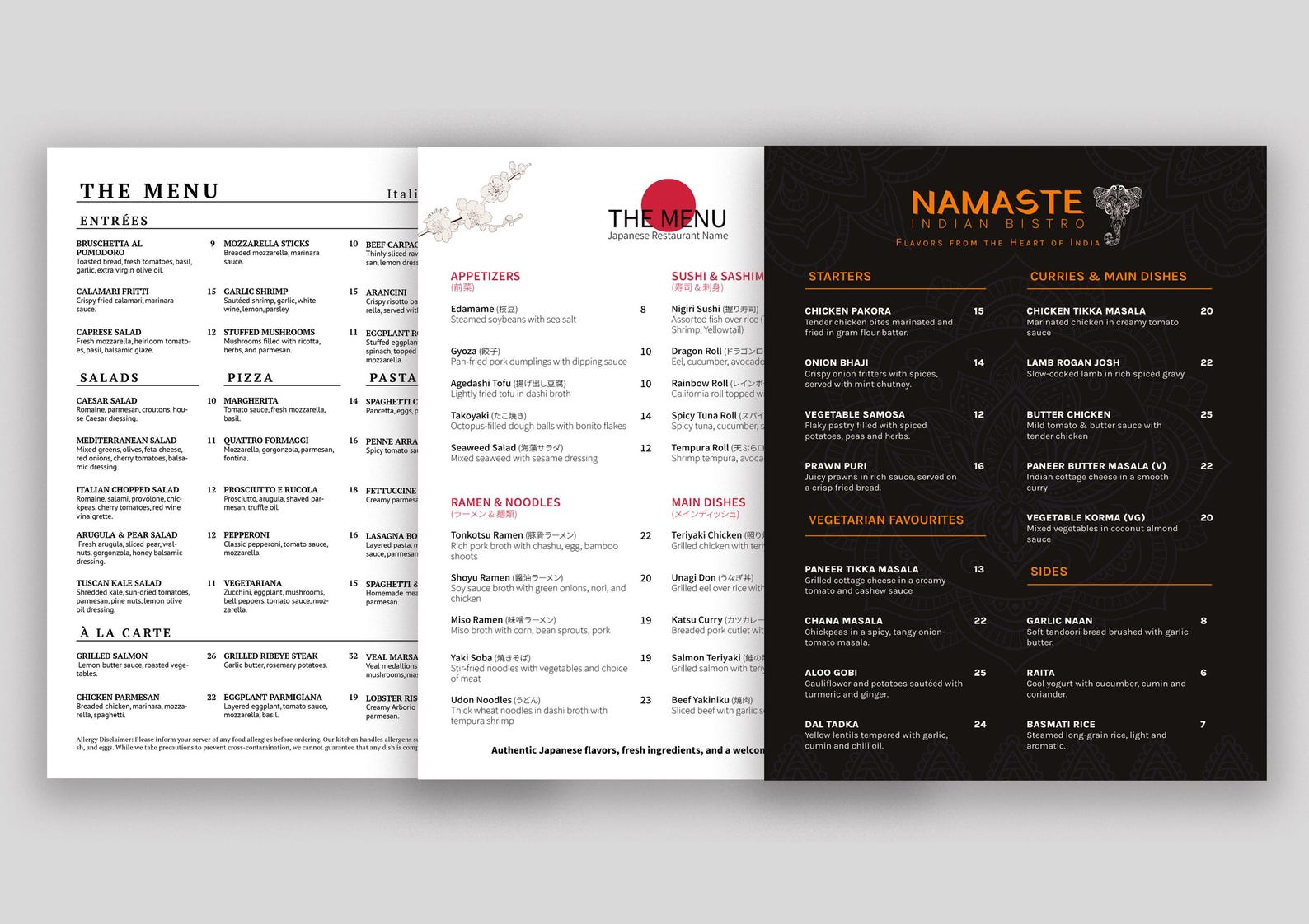 Restaurant Menu Template Bundle: Italian, Japanese, Indian ...