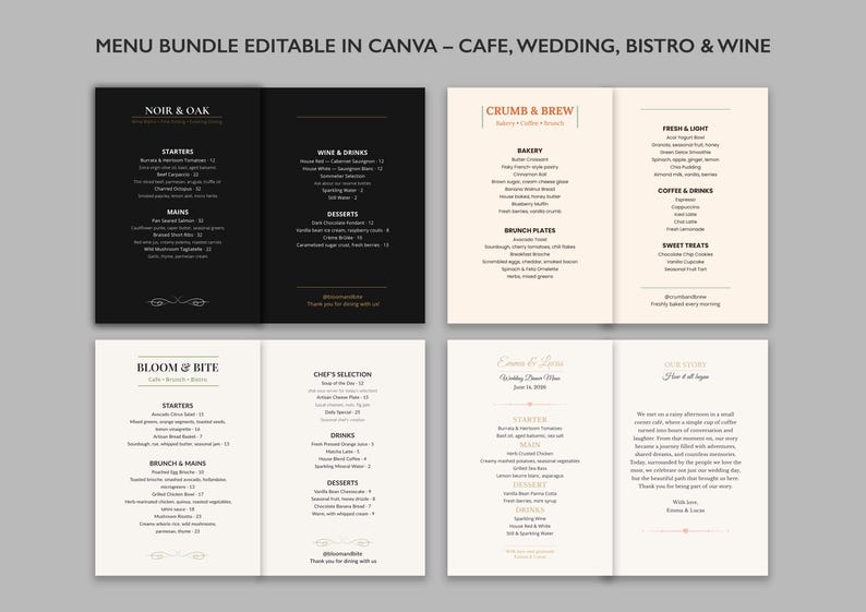 Restaurant Menu Bundle in Canva – Cafe, Wedding, Wine Bar & Bistro ...