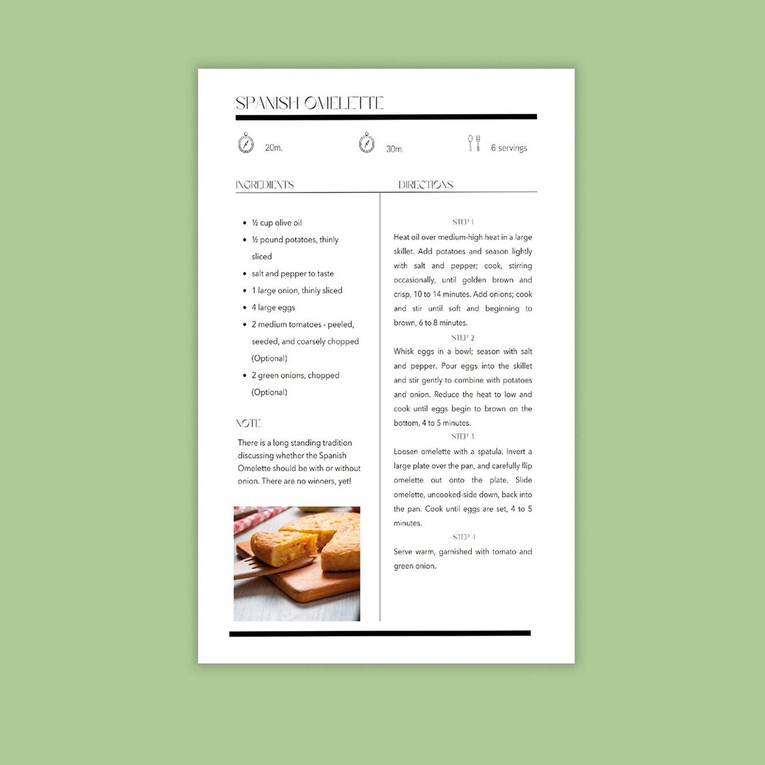 Editable Spanish Omelette Recipe Card Template Print at Home, Edit in ...