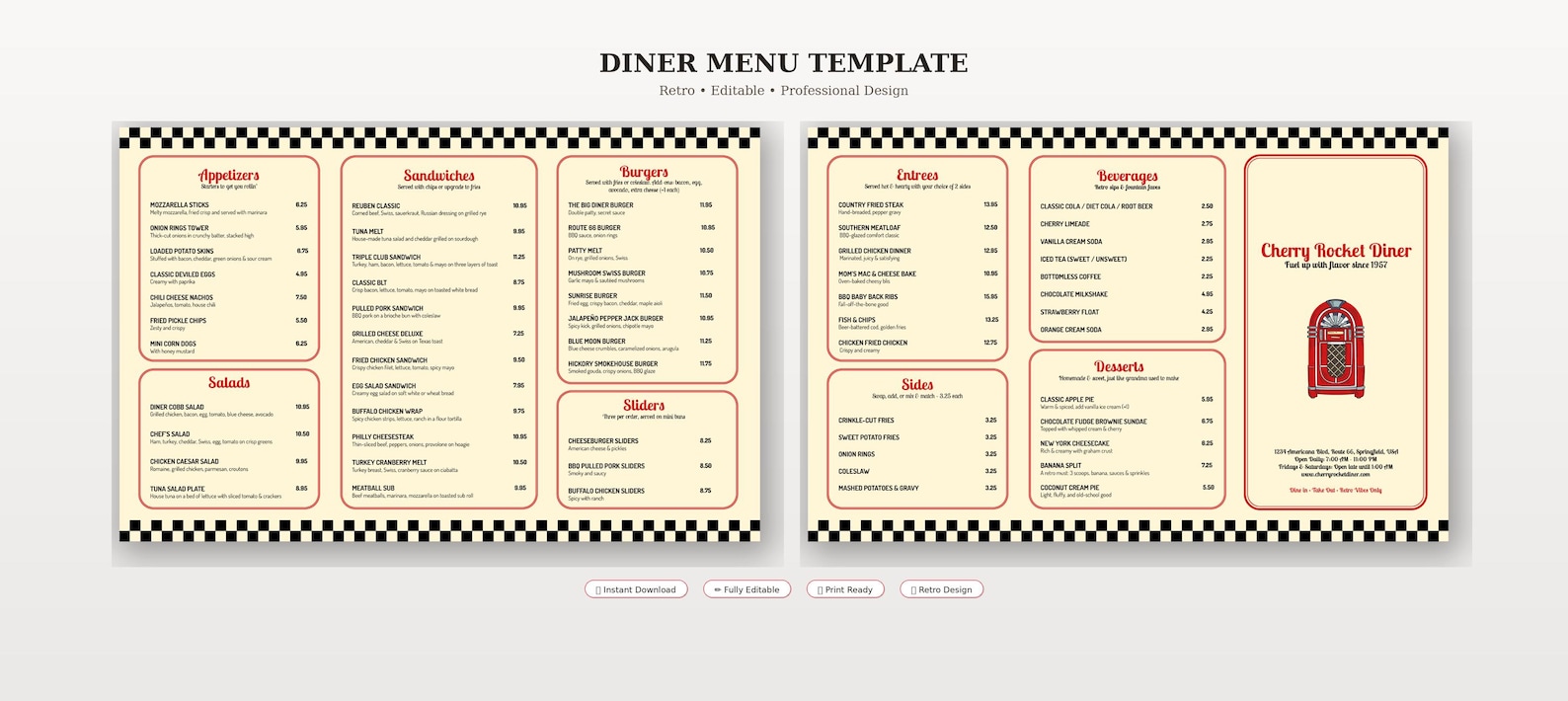 Retro Diner Menu Template | 17x11 Trifold | Editable Indesign ...