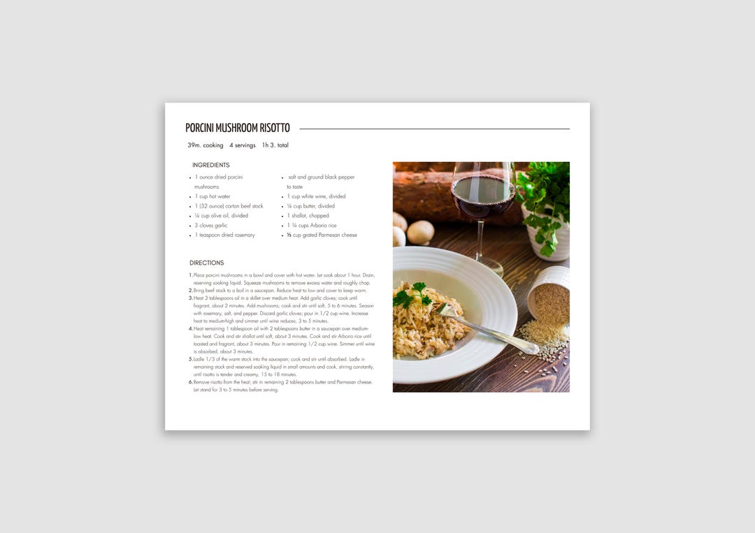 Porcini Risotto Recipe Card Template: Printable Italian Kitchen Decor ...