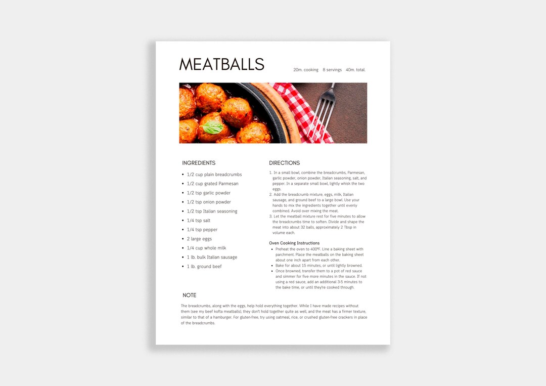 Printable Italian Meatballs Recipe Card – Edit in Canva, Easy-to-use ...