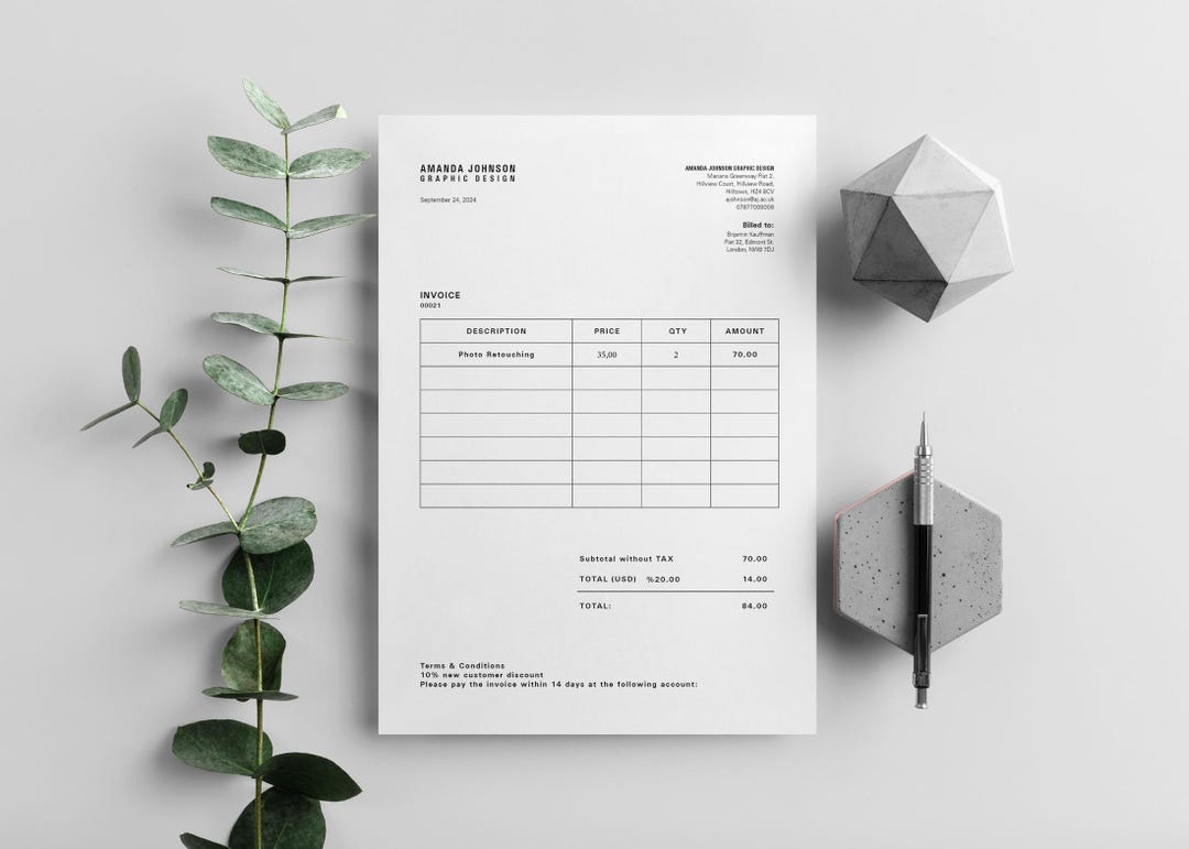 Modern Business Invoice Template, Auto-calculating PDF, Editable in ...
