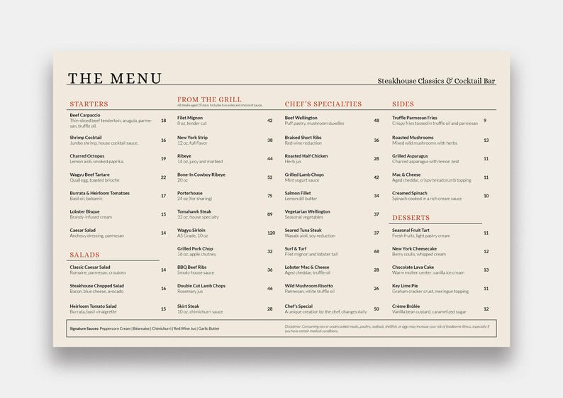 Editable Steakhouse Menu Template 11x17 | Printable Restaurant Menu ...