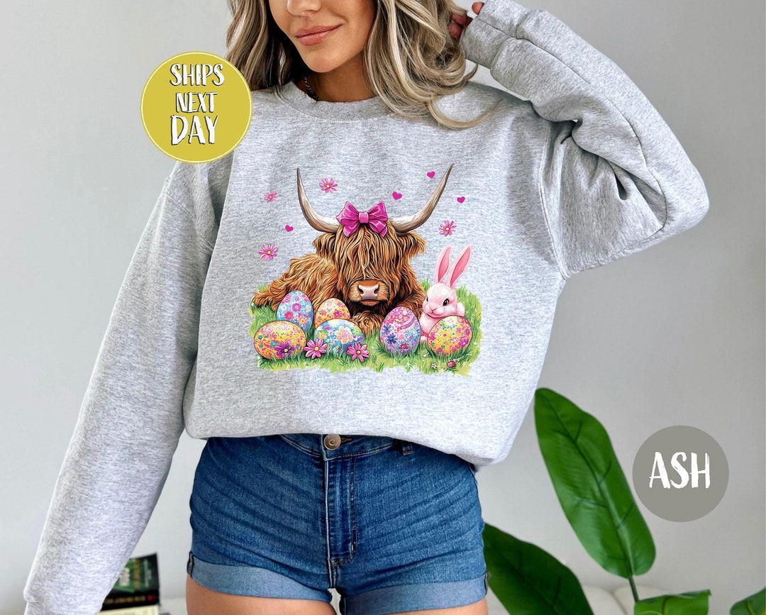 Easter Highland Cow Coquette With Pink Bow Sweatshirt, Trendy Pink Bow ...